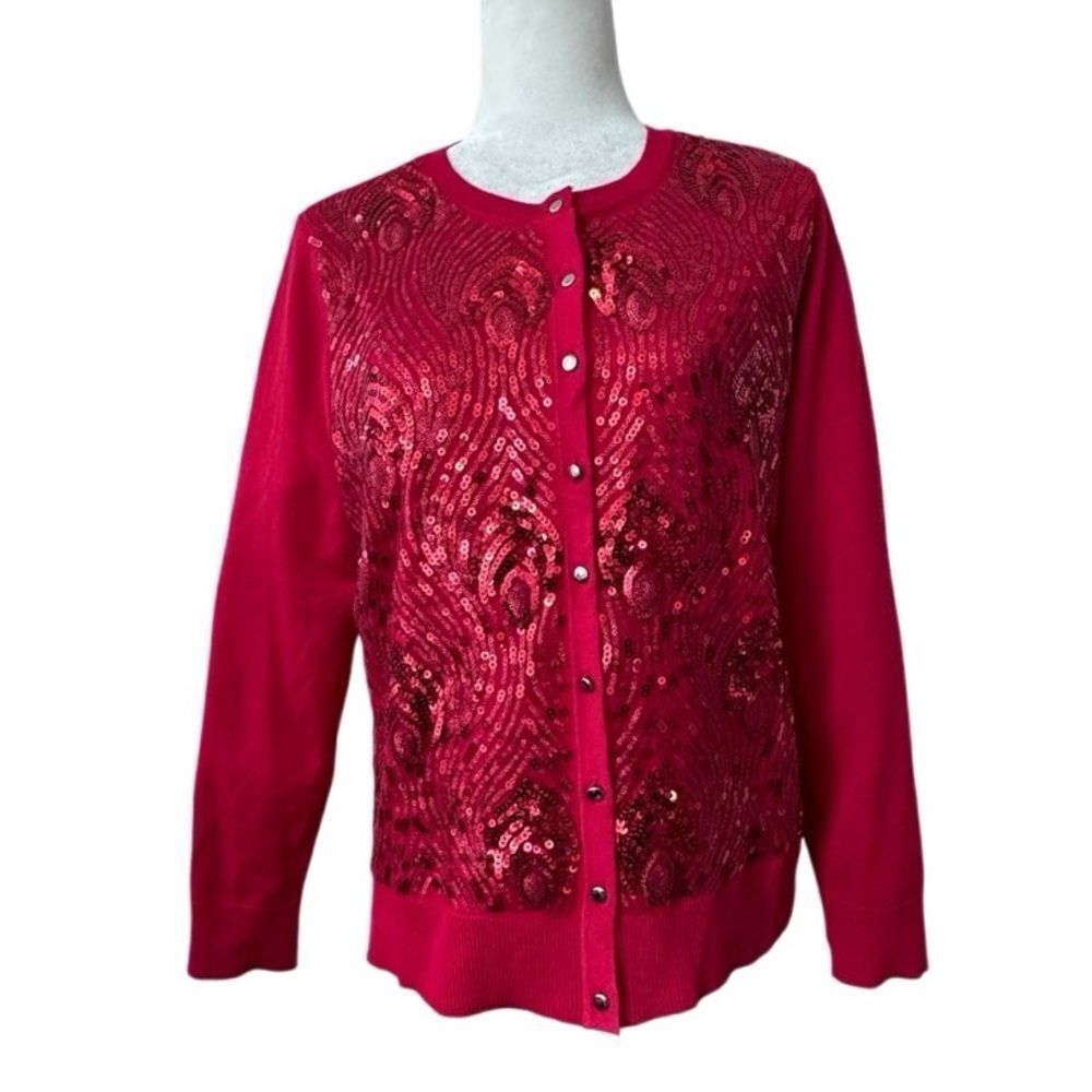 JM Collection Red Cardigan Sequins Silver Buttons Siz… - Gem